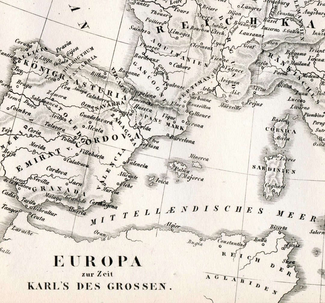 1851 German Vintage Map of Europe in the Time of Charlemagne ...