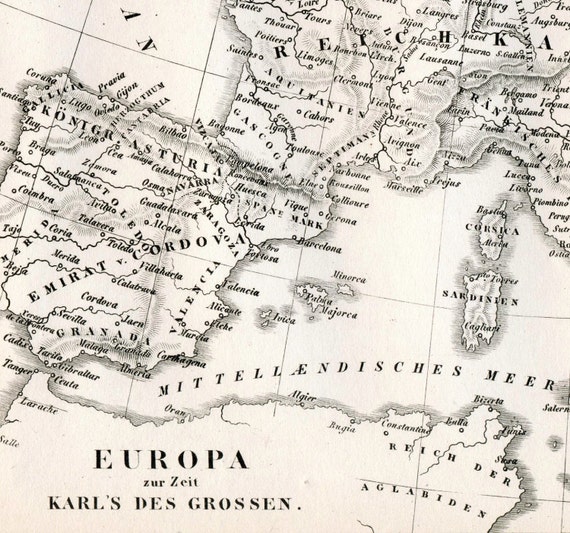 1851 German Vintage Map of Europe in the Time of Charlemagne | Etsy