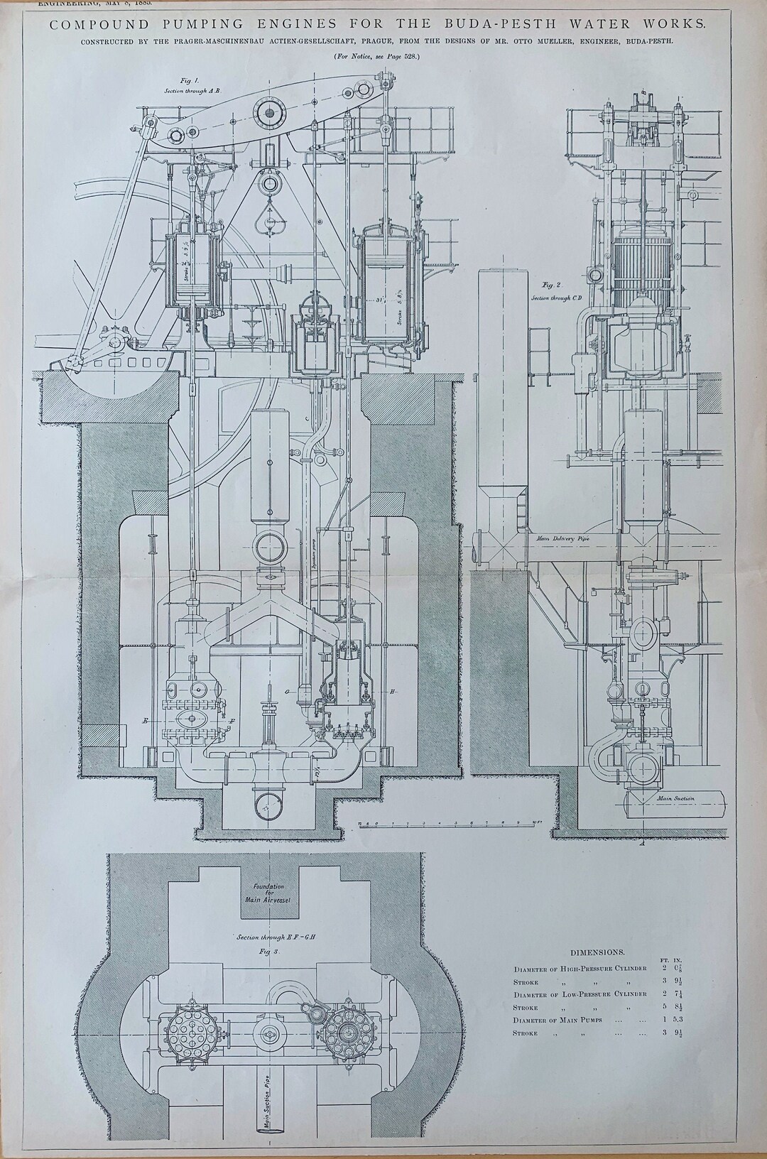 1885 Large Antique Engineering Print Compound Pumping Engines for the ...