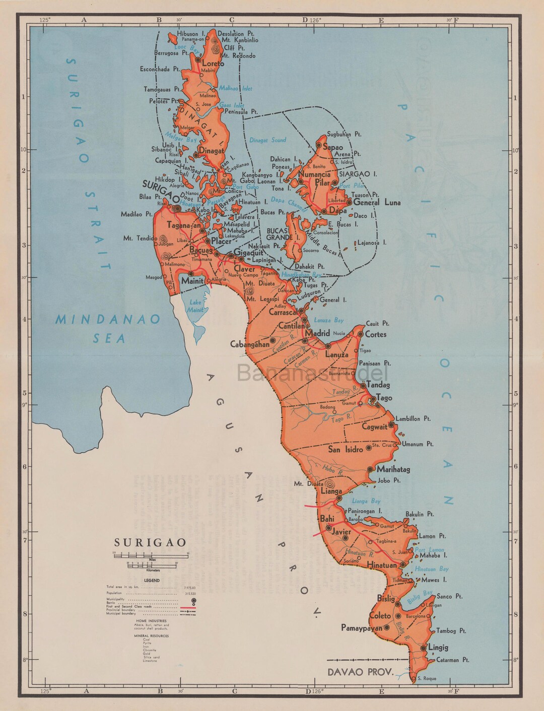 Surigao, Philippines - RARE Large Vintage 1959 Map - Mainit - Gigaquit ...
