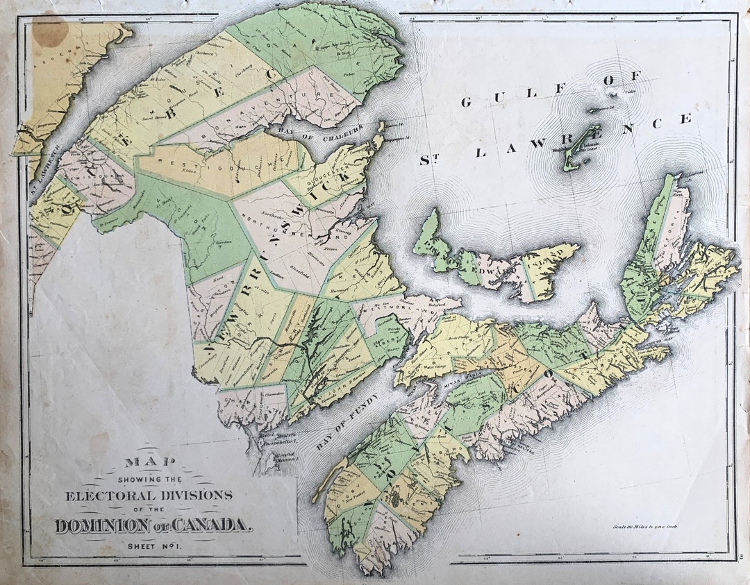 1880 Antique Electoral Map of the Atlantic Provinces / Northeast Canada ...