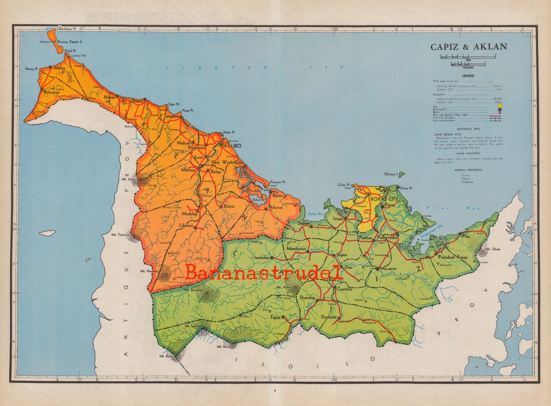 Capiz and Aklan, Philippines - RARE Large Vintage 1959 Map - Roxas City ...