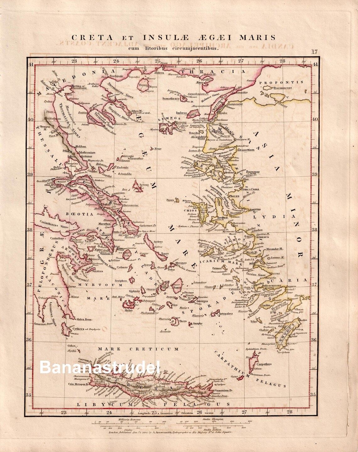 1828 Antique Map of Crete - Aegean Sea - Hand Coloured Arrowsmith Map ...