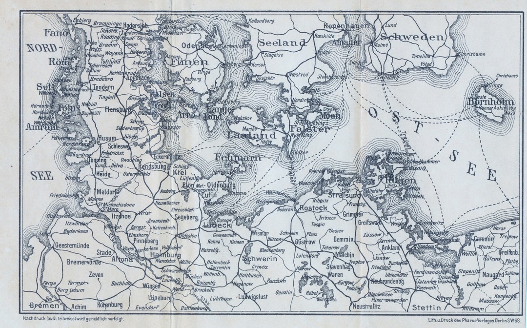 1911 Antique Map of the Baltic Sea and Environs - Denmark - Lolland ...