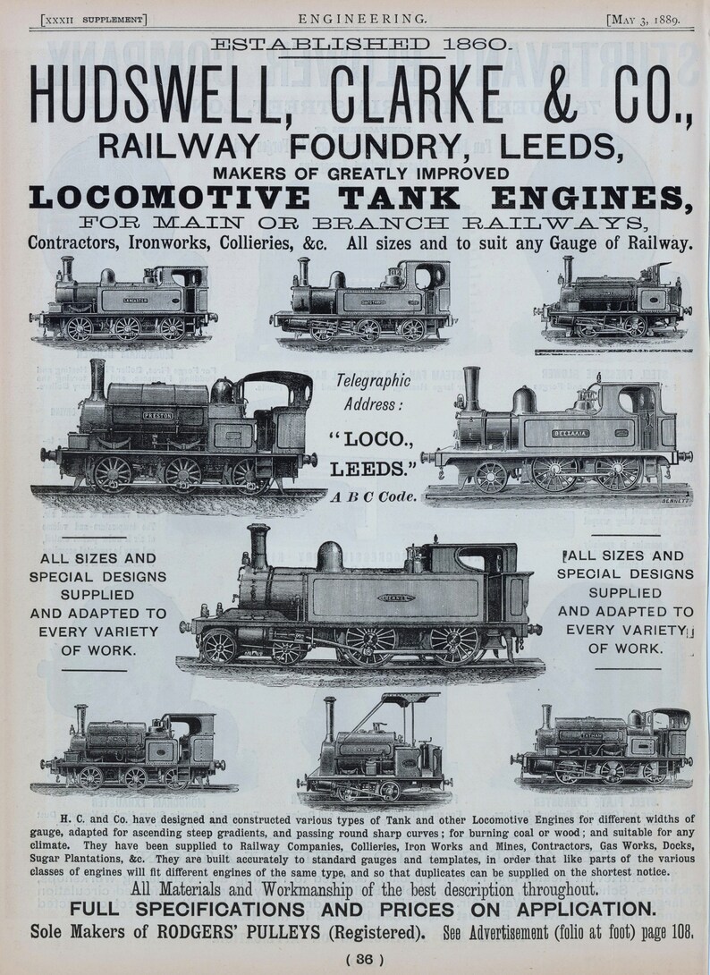 1889 Rare Antique Advertisement for Locomotive Tank Engines - Hudswell ...