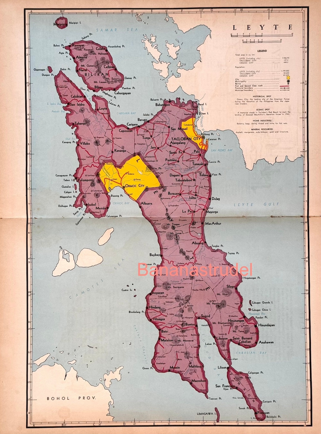 1959 Large Rare Vintage Map of Leyte, Philippines - Tacloban - Palo ...