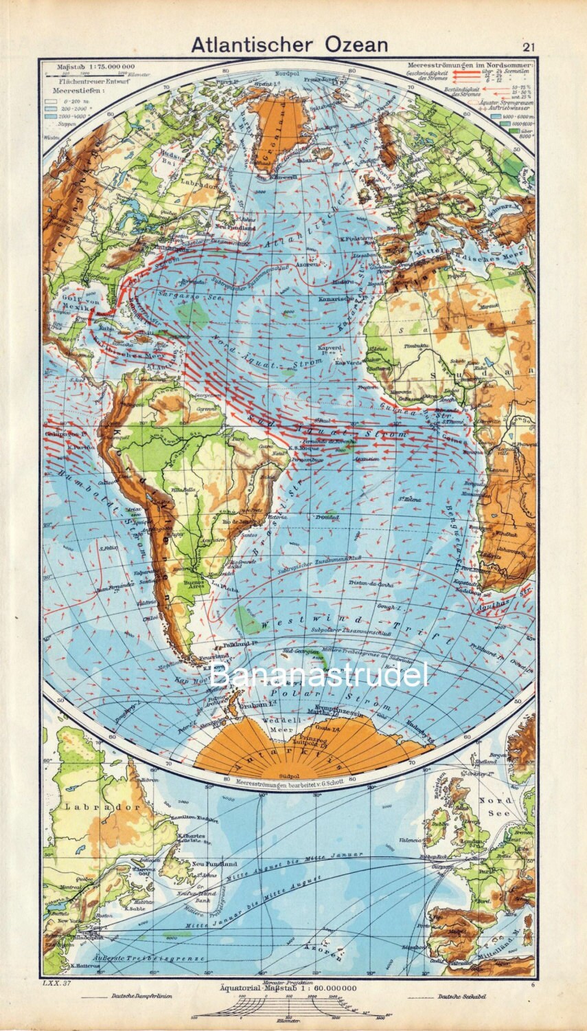 1928 German Antique Map of the Atlantic Ocean - Etsy