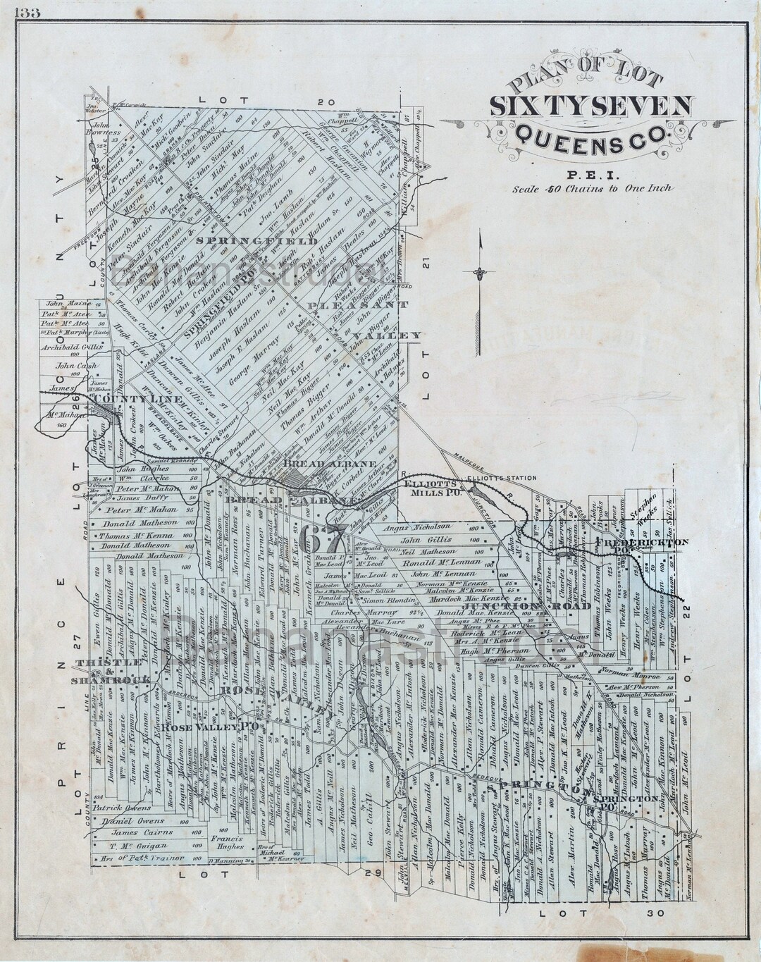1880 Large Rare Vintage Map of Lot 67, Queens County, Prince Edward ...