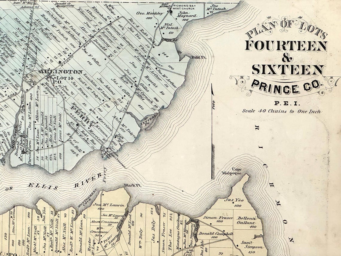 1880 Large Rare Vintage Map of Lots 14 and 16, Prince County, PEI ...