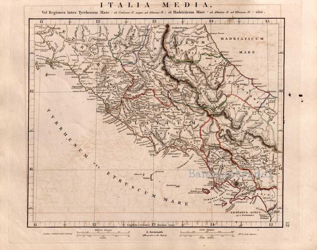 1828 Antique Map of Central Ancient Italy - Hand Coloured Arrowsmith ...