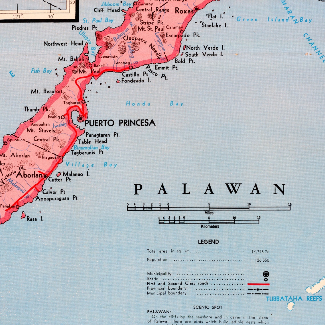 Palawan, Philippines - RARE Large Vintage 1959 Map - Puerto Princesa ...