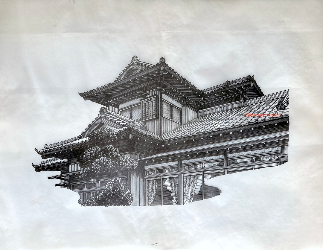 Large Japanese Architectural Print on Parchment Paper - 1977 Vintage ...