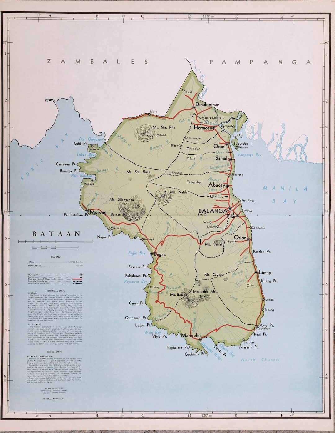 Bataan, Philippines - RARE Large Vintage 1959 Map - Balanga - Morong ...