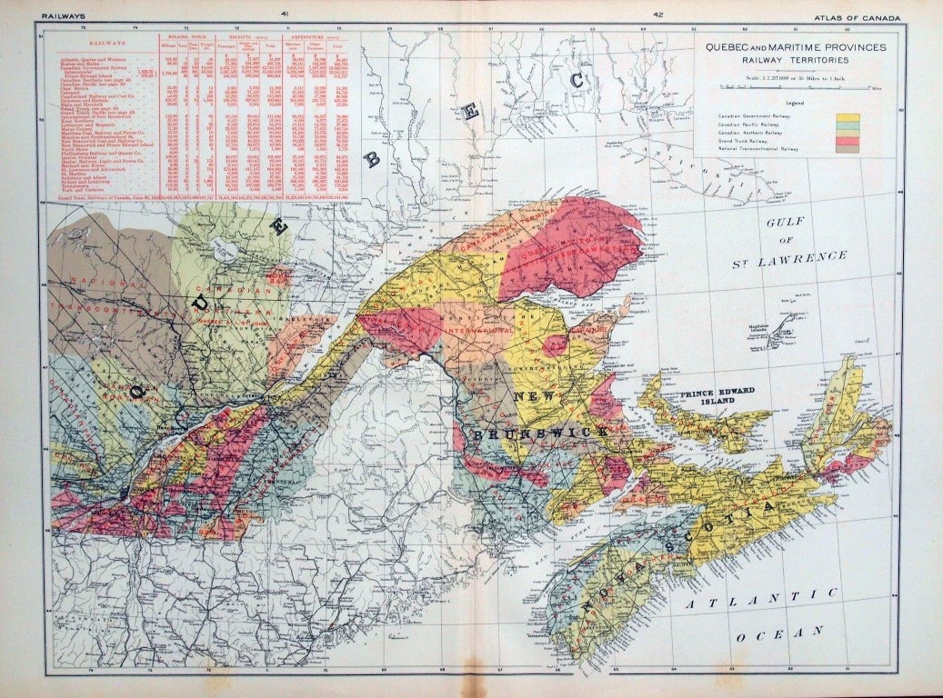 1915 Large Antique Map of Quebec and the Maritime Provinces -- Railway ...