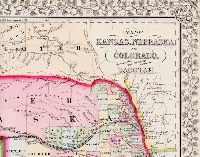 1867 Antique Hand-coloured Mitchell Map of Kansas Nebraska - Etsy