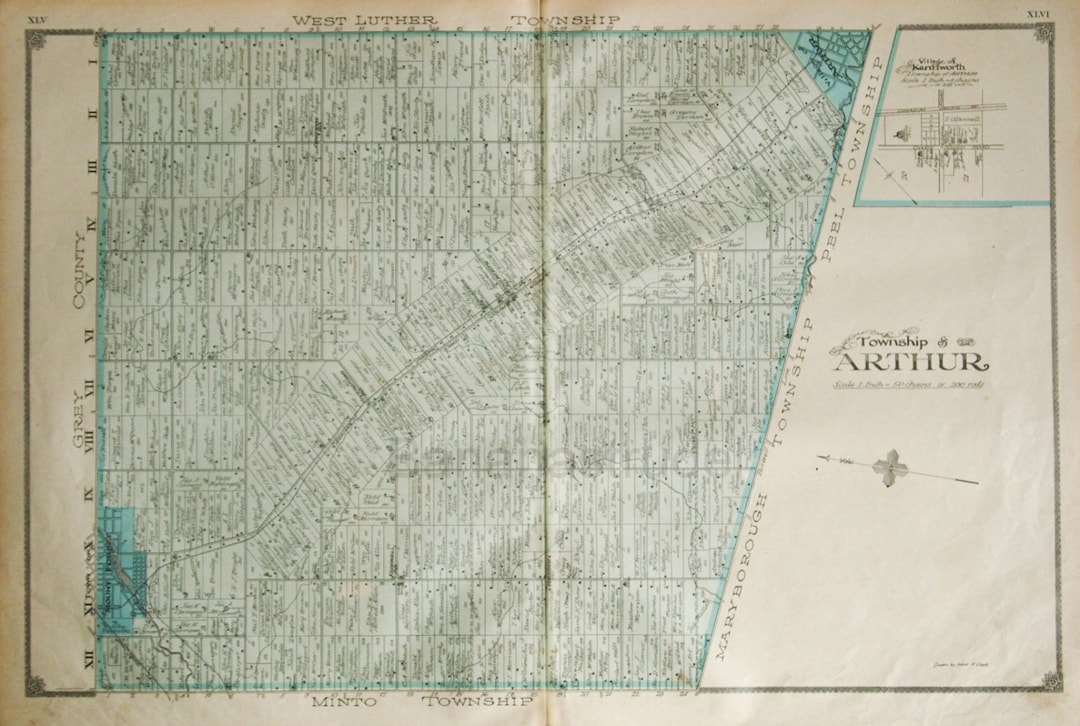 1906 Rare Large Vintage Map of Arthur Township, Wellington County ...