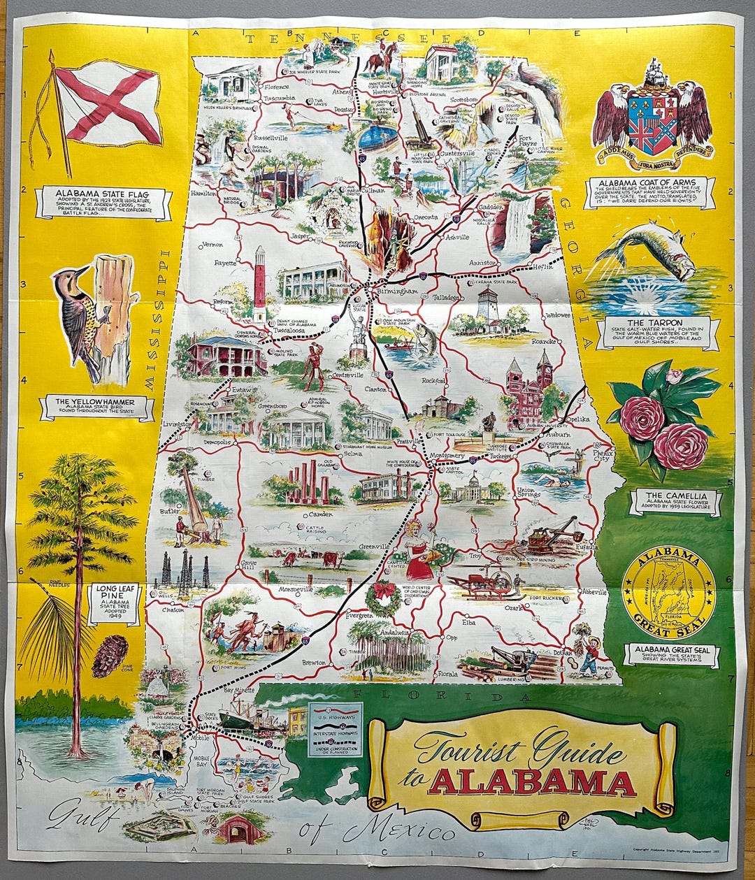 1962 Tourist Guide to Alabama - Large Pictorial Vintage Map of Alabama ...