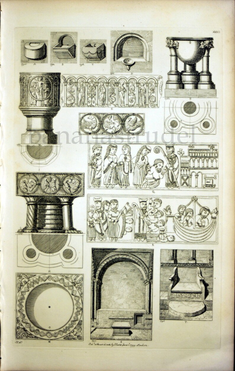 Large Antique Engraving of Holy Water Basins Fonts Plate | Etsy