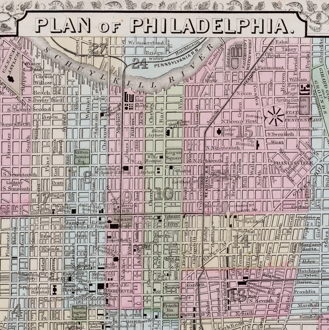 1867 Antique Mitchell City Map of Philadelphia - Rare Hand Coloured Map ...