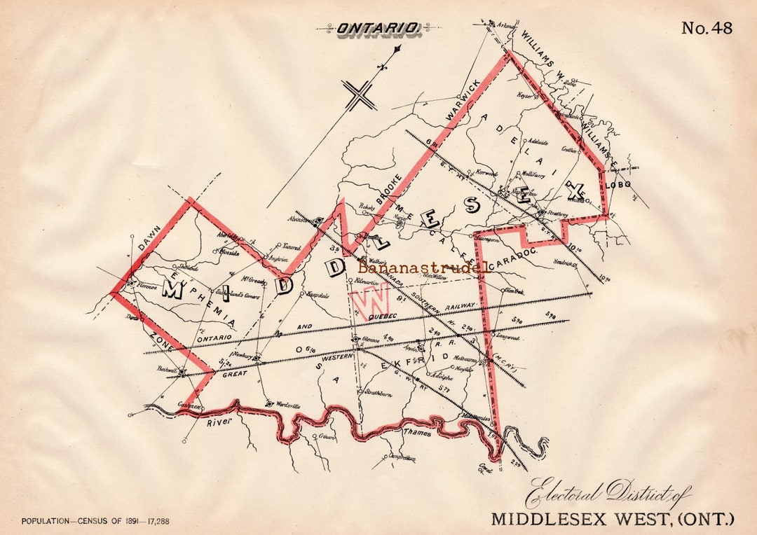Antique Map of Middlesex West 1895 Electoral Map Strathroy Euphemia ...