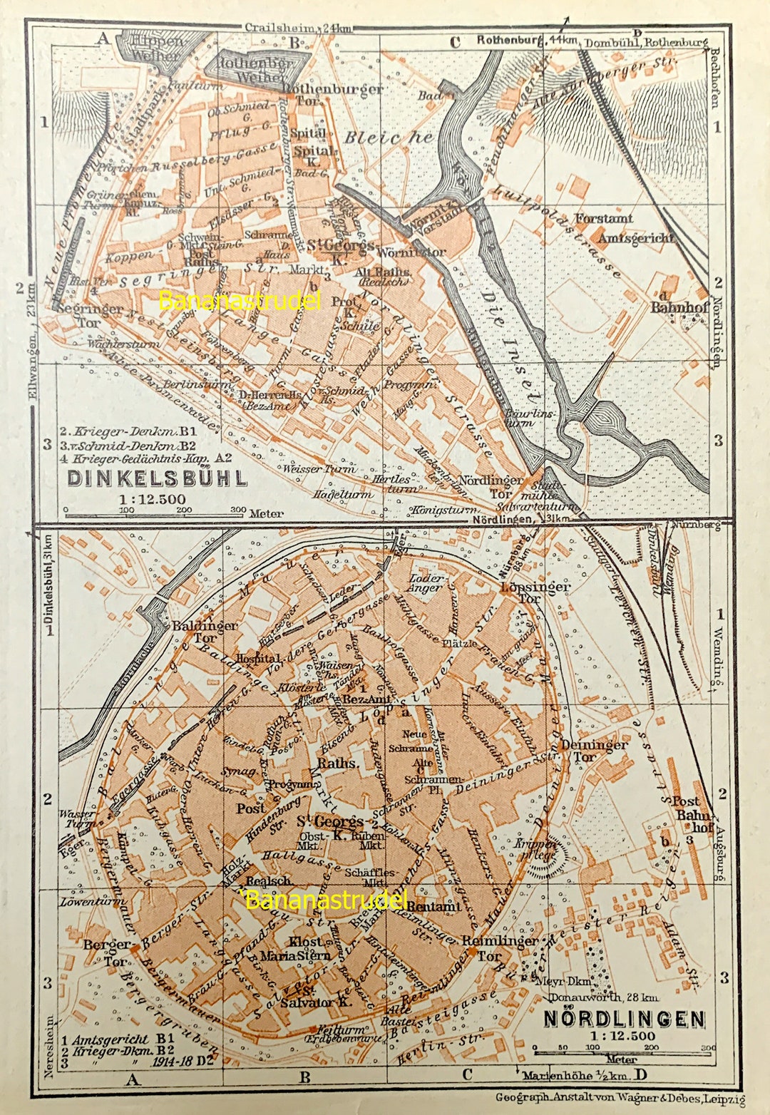 Antique Map of Dinkelsbühhl and Nördlingen, Germany - 1929 City Maps - Etsy