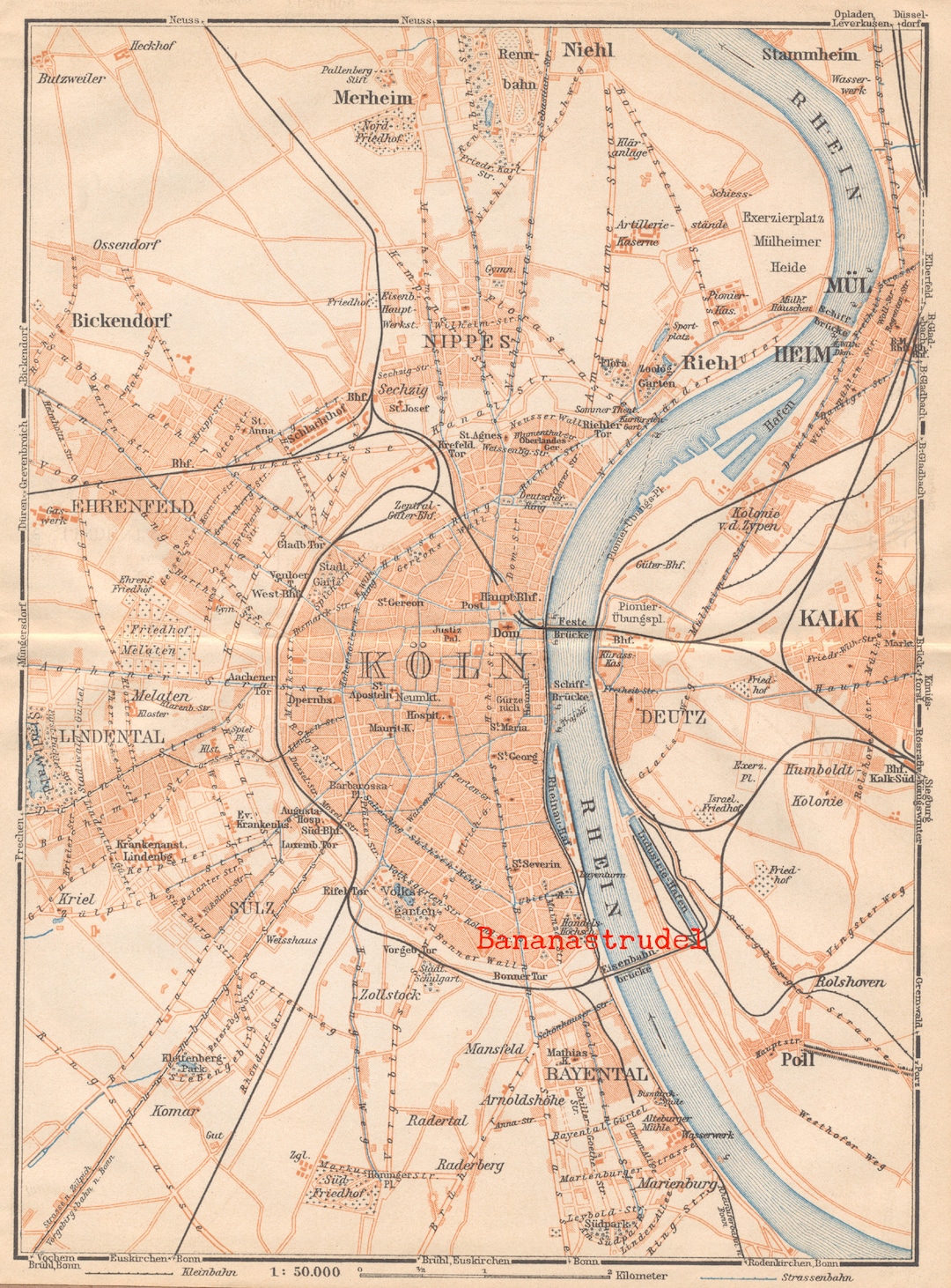 Antique Map of Cologne and the Rhine, Germany - Published 1909 ...