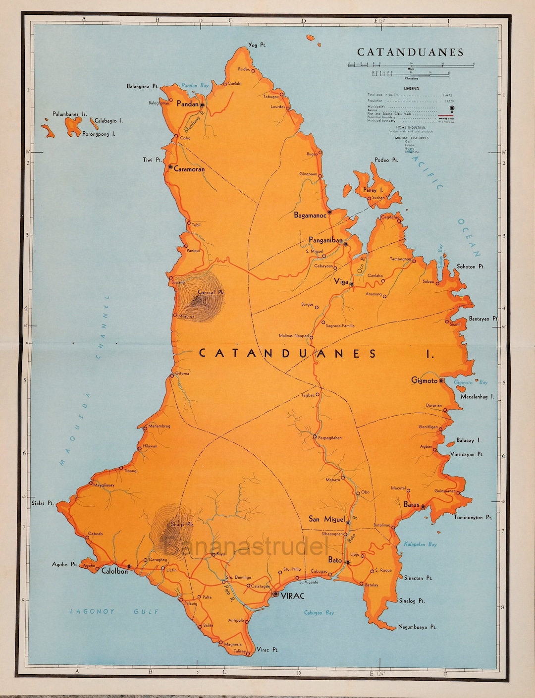 Catanduanes, Philippines - RARE Large Vintage 1959 Map - Virac ...