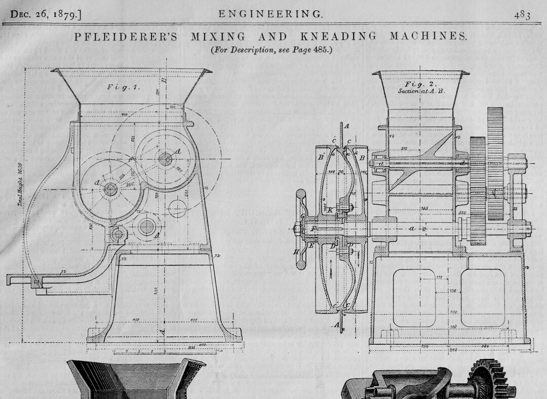1879 Antique Engineering Drawing of Pfleiderer's Mixing and Kneading ...