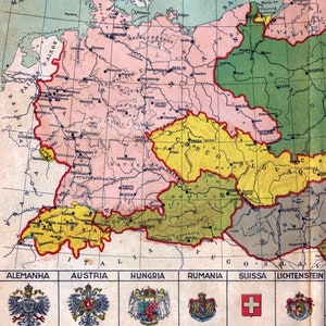 Vintage Map of Central Europe - Illustrated Map - Flags - Coinage ...