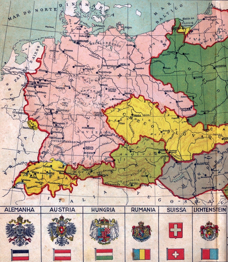 Vintage Map of Central Europe Illustrated Map Flags - Etsy