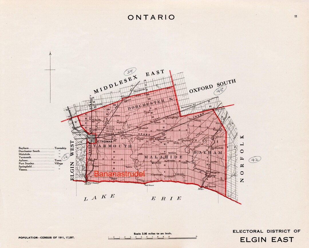 1915 Antique Map of Elgin East, Ontario - Vintage Electoral Map - St ...