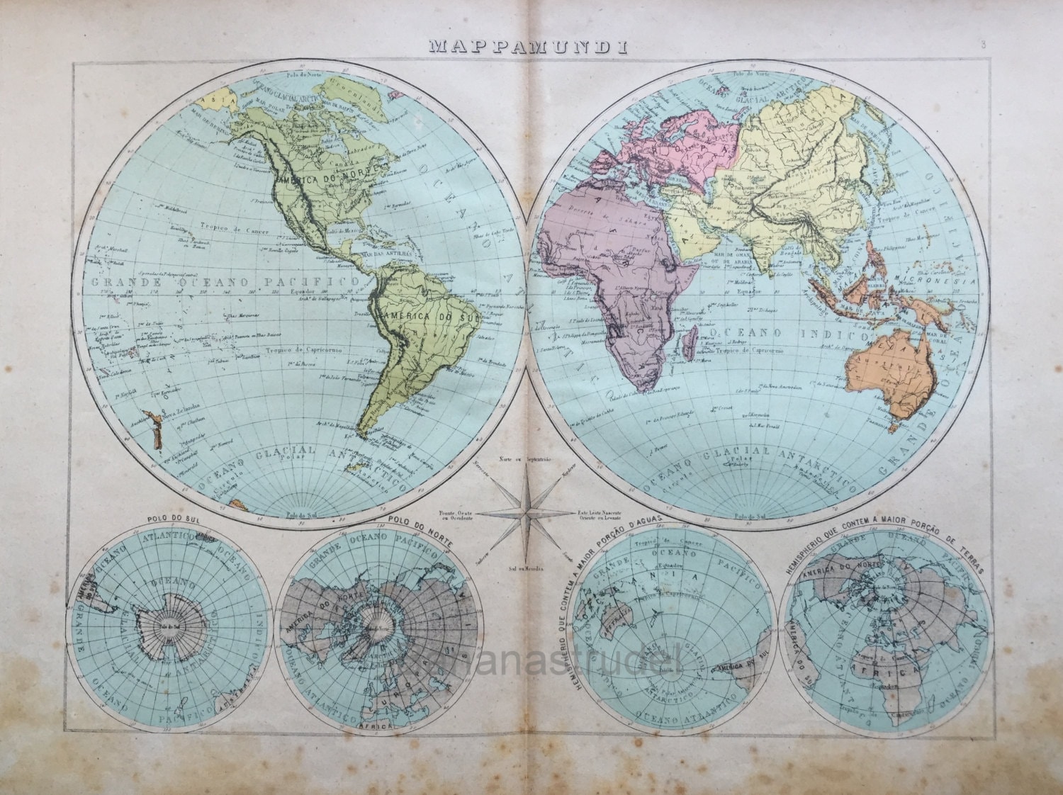 1912 Antique World Map Hemispheres North and South Poles - Etsy