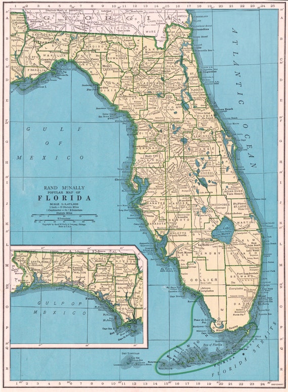 Blue and Emerald Green Vintage Florida Map 1944 Vintage Map of Florida ...