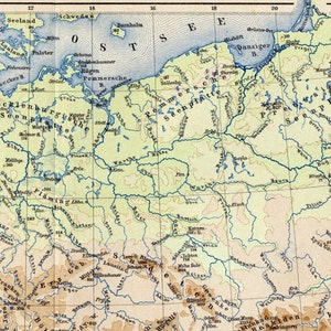 1895 German Vintage Map of Central Europe -- Mountains and Rivers ...