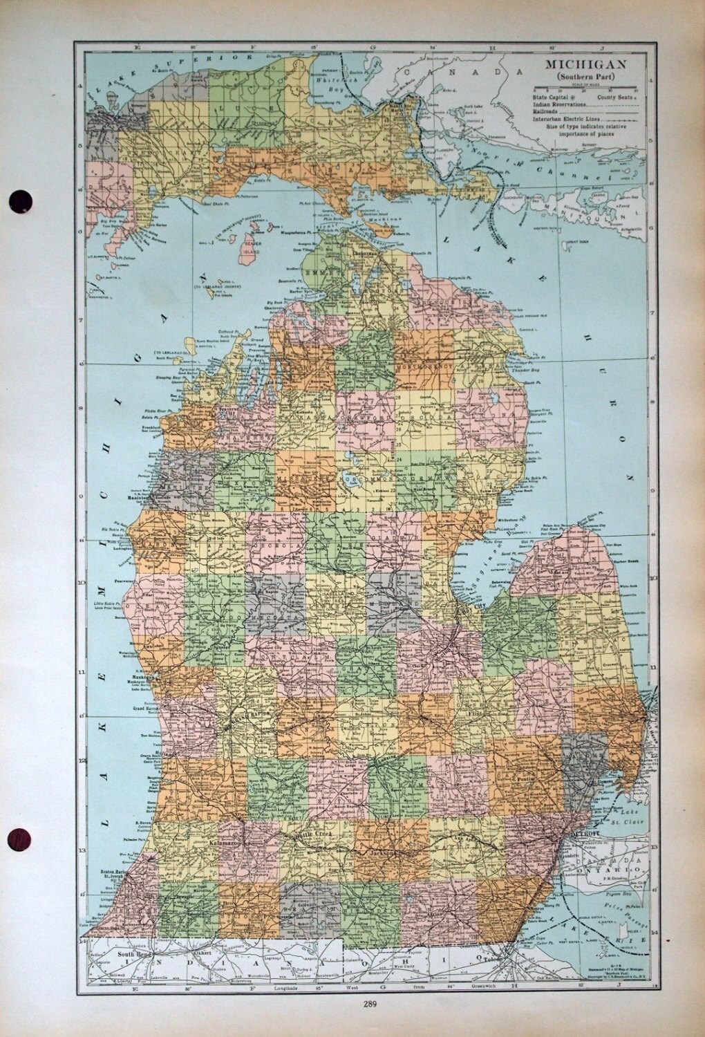 1919 Antique Map of Michigan - Southern Part - Michigan Antique Map ...
