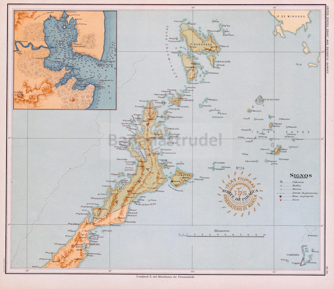 1900 Rare Antique Map of Northern Palawan, Philippines - Isla Paragua ...