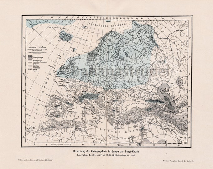 1900s Antique Map of Glaciers in the Ice Age - Etsy