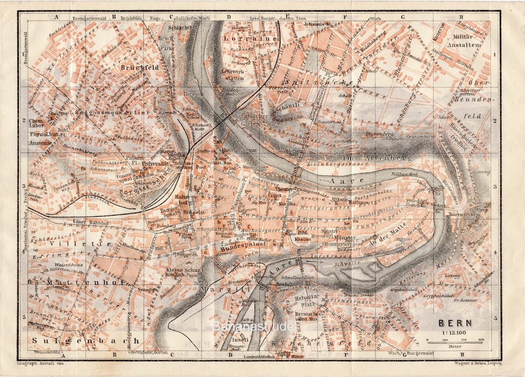 Antique Map of Bern, Switzerland - City Map Published 1921 - With ...