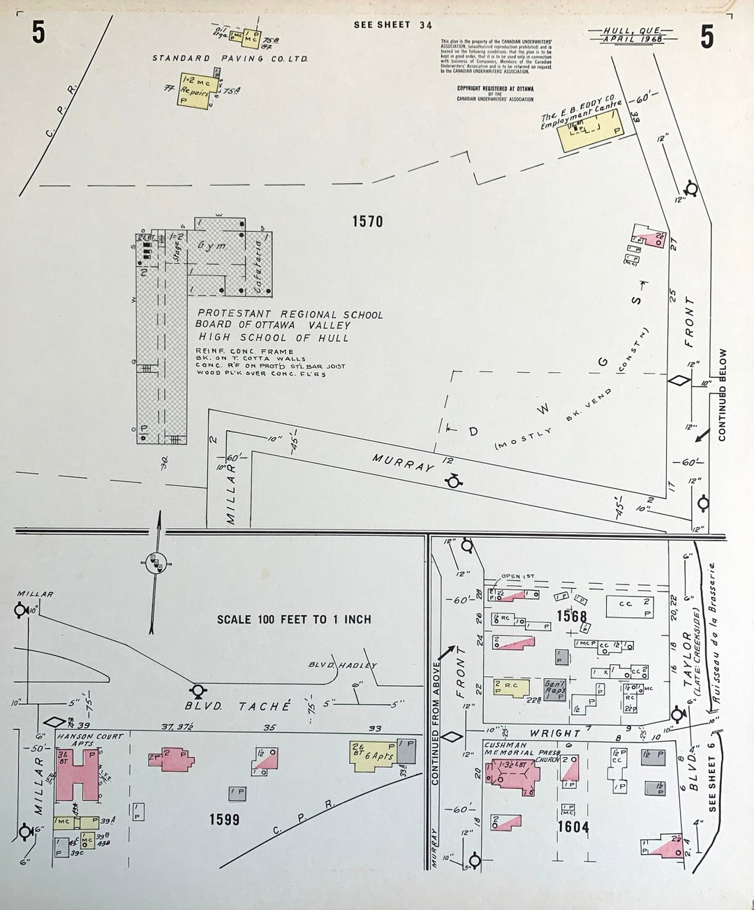 Vintage Map of Hull, Quebec - 1968 Fire Insurance Map - Sheet 5 and 6 ...