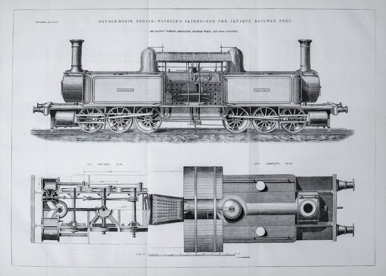 1870 Large Antique Engraving of a Double-bogie Engine - Etsy