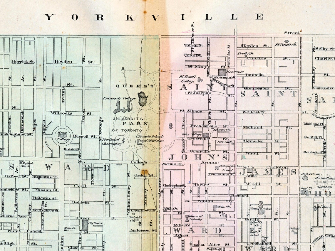 1875 Rare Antique Map of Toronto, Ontario - Double Page Hand Coloured ...