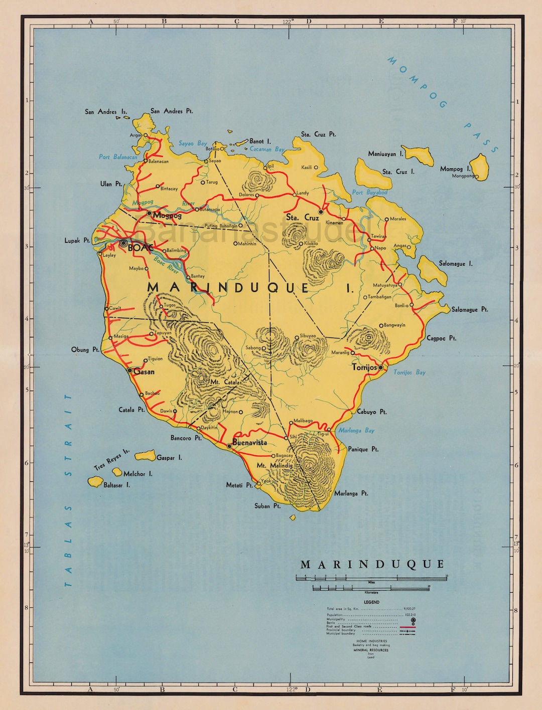 Marinduque, Philippines - RARE Large Vintage 1959 Map - Boac - Mogpog ...