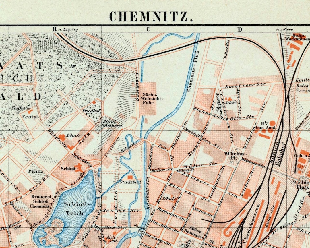 1895 Vintage Map of Chemnitz, Germany. With Street Index - Vintage City ...