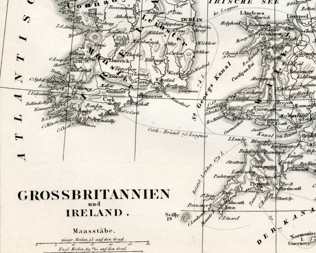 1851 Antique Map of Great Britain and Ireland Black and White Malta ...