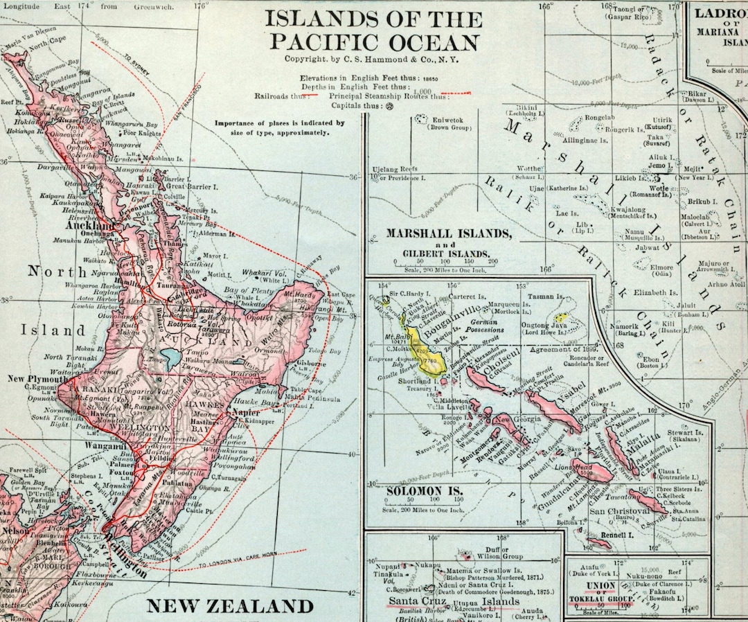1919 Large Vintage Map of New Zealand and Islands of the Pacific Ocean ...