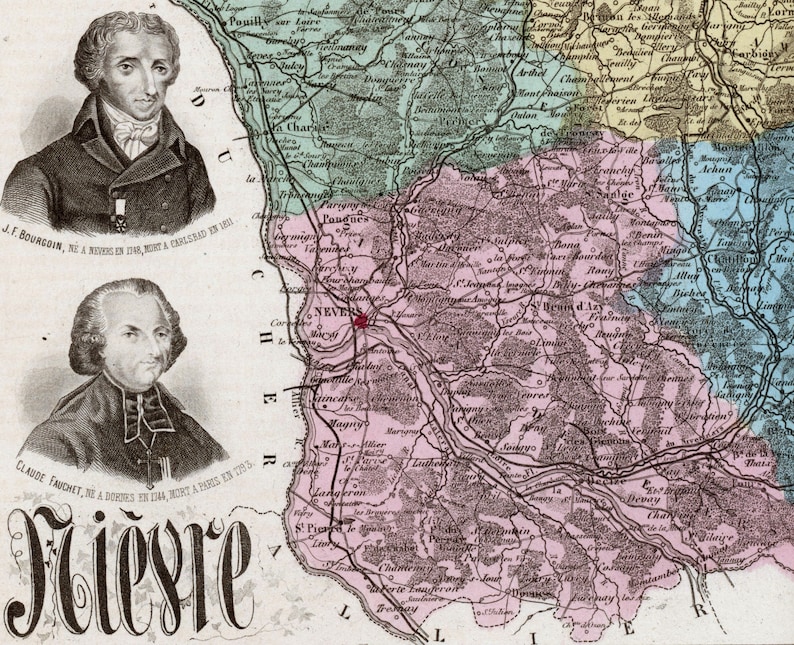 1883 Antique Map of Nievre France Nevers Vintage - Etsy
