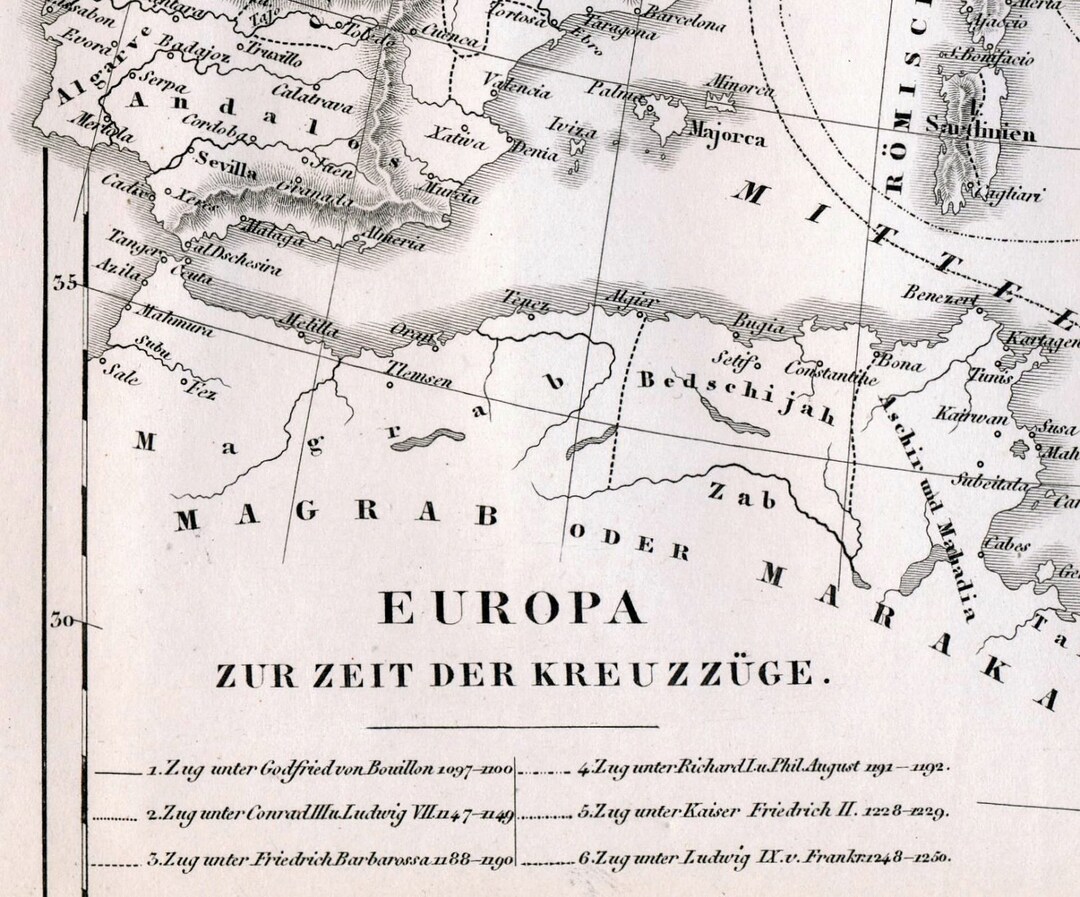 1851 German Vintage Map of Europe During the Crusades Historical Map ...