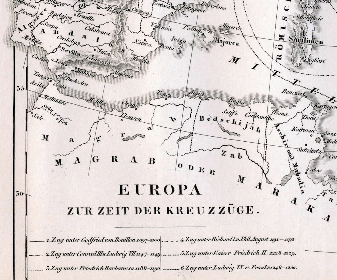 1851 German Vintage Map of Europe During the Crusades - Etsy