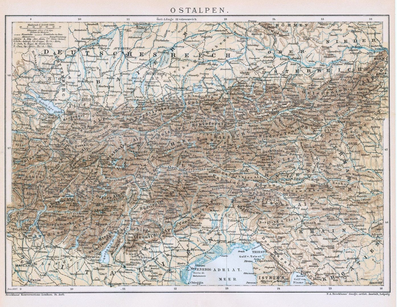 1895 Vintage Map of the Eastern Alps - Etsy