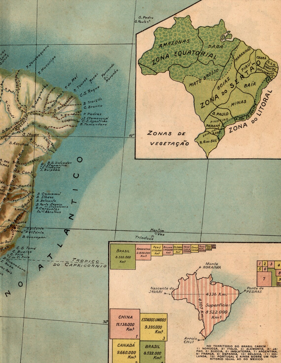 Vintage Map of Brazil - Physical Map - Published 1935 - Etsy